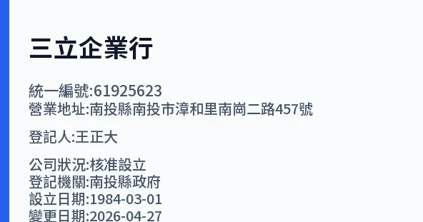三立企業行的照片-統編 61925623(南投縣) 公司登記資料與營業項目詳細圖表