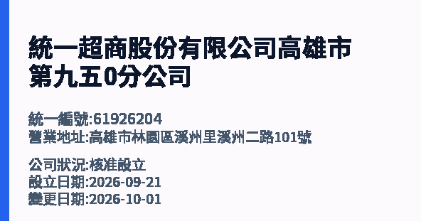 統一超商股份有限公司高雄市第九五0分公司的照片-統編 61926204(高雄市) 公司登記資料與營業項目詳細圖表