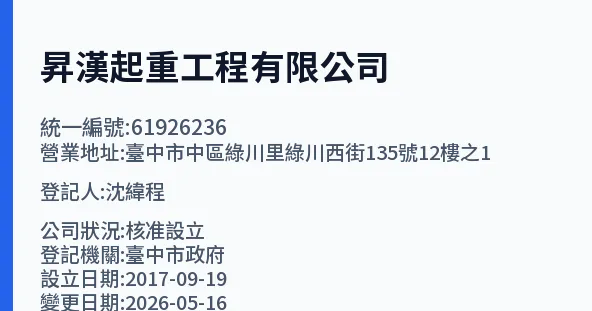 昇漢起重工程有限公司的照片-統編 61926236(臺中市) 公司登記資料與營業項目詳細圖表