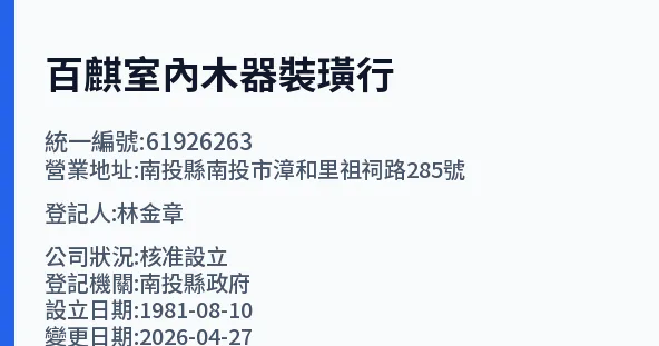 百麒室內木器裝璜行的照片-統編 61926263(南投縣) 公司登記資料與營業項目詳細圖表