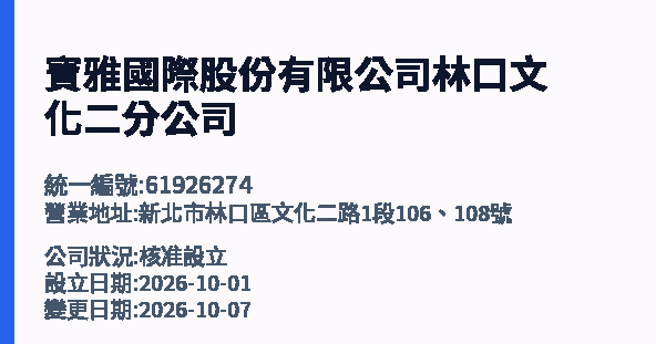 寶雅國際股份有限公司林口文化二分公司的照片-統編 61926274(新北市) 公司登記資料與營業項目詳細圖表