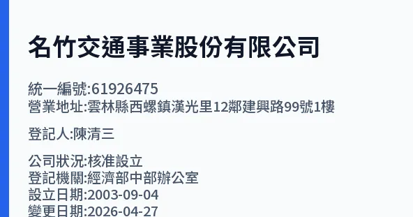 名竹交通事業股份有限公司的照片-統編 61926475(雲林縣) 公司登記資料與營業項目詳細圖表