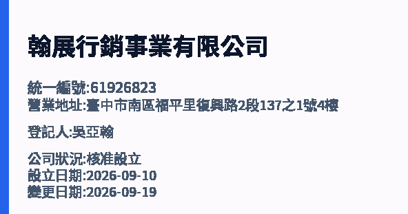 翰展行銷事業有限公司的照片-統編 61926823(臺中市) 公司登記資料與營業項目詳細圖表