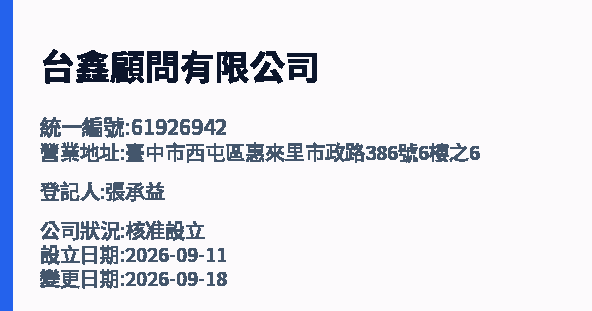台鑫顧問有限公司的照片-統編 61926942(臺中市) 公司登記資料與營業項目詳細圖表