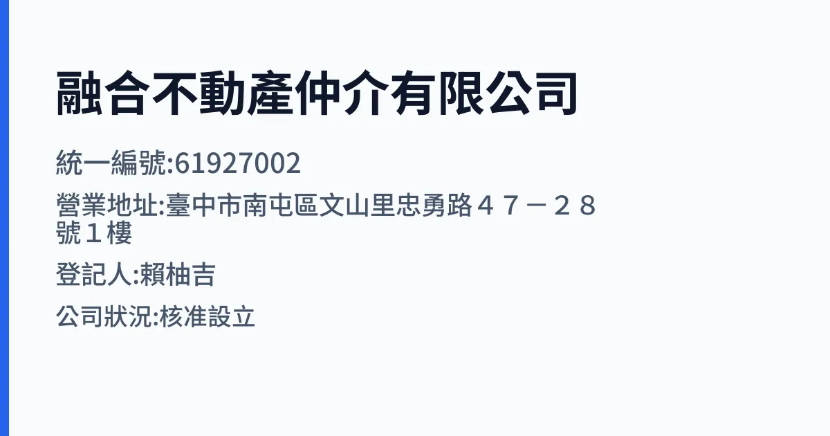 融合不動產仲介有限公司 - 統編 61927002(臺中市) 公司登記資料與營業項目詳細圖表