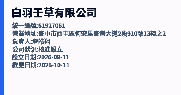 白羽壬草有限公司的照片-統編 61927061(臺中市) 公司登記資料與營業項目詳細圖表