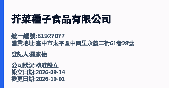 芥菜種子食品有限公司的照片-統編 61927077(臺中市) 公司登記資料與營業項目詳細圖表