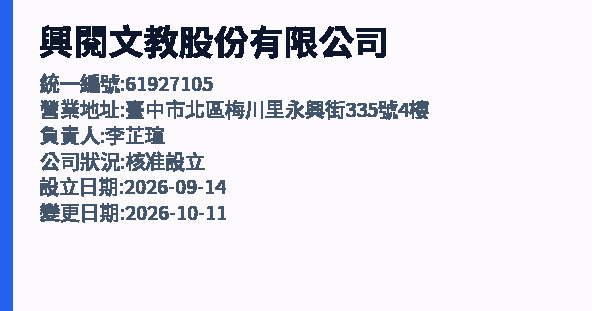 興閱文教股份有限公司的照片-統編 61927105(臺中市) 公司登記資料與營業項目詳細圖表