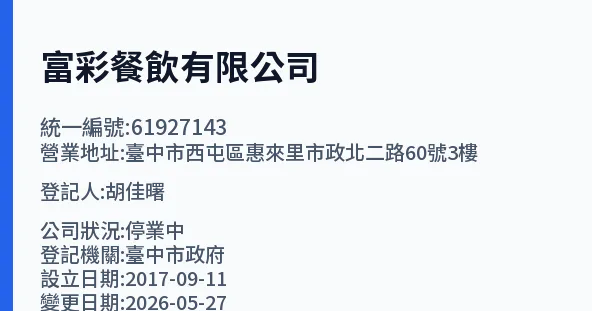 富彩餐飲有限公司的照片-統編 61927143(臺中市) 公司登記資料與營業項目詳細圖表