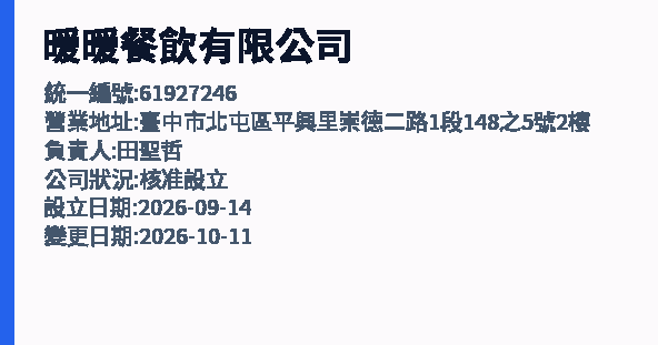 暖暖餐飲有限公司的照片-統編 61927246(臺中市) 公司登記資料與營業項目詳細圖表