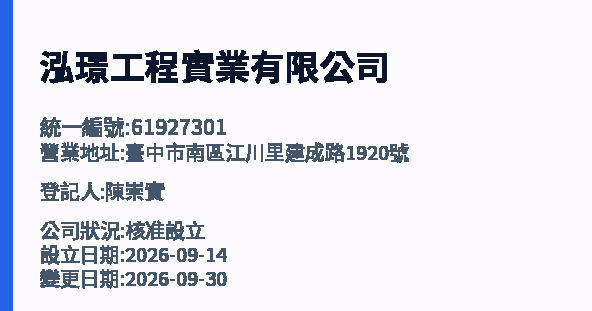 泓璟工程實業有限公司的照片-統編 61927301(臺中市) 公司登記資料與營業項目詳細圖表