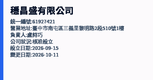 穩昌盛有限公司的照片-統編 61927421(臺中市) 公司登記資料與營業項目詳細圖表