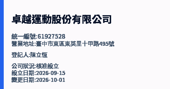 卓越運動股份有限公司的照片-統編 61927528(臺中市) 公司登記資料與營業項目詳細圖表