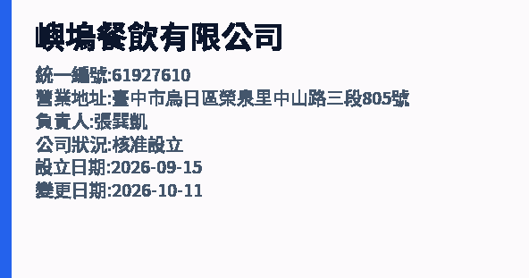 嶼塢餐飲有限公司的照片-統編 61927610(臺中市) 公司登記資料與營業項目詳細圖表