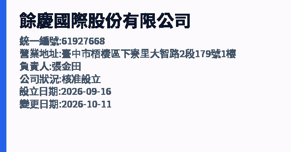 餘慶國際股份有限公司的照片-統編 61927668(臺中市) 公司登記資料與營業項目詳細圖表