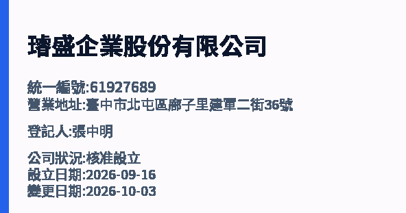 璿盛企業股份有限公司的照片-統編 61927689(臺中市) 公司登記資料與營業項目詳細圖表