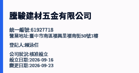 騰駿建材五金有限公司的照片-統編 61927718(臺中市) 公司登記資料與營業項目詳細圖表