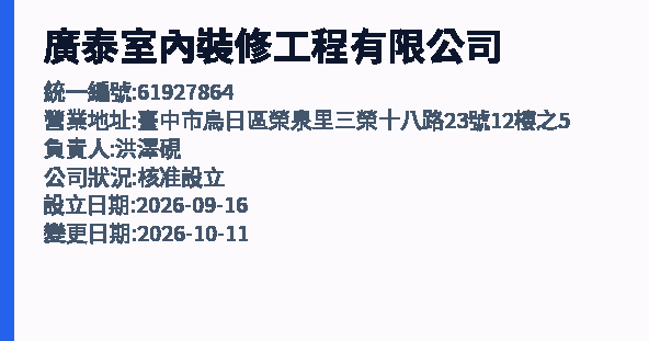 廣泰室內裝修工程有限公司的照片-統編 61927864(臺中市) 公司登記資料與營業項目詳細圖表