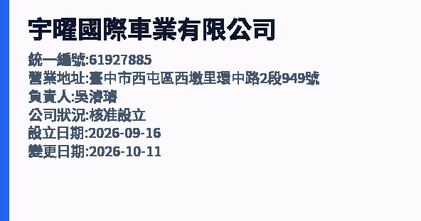 宇曜國際車業有限公司的照片-統編 61927885(臺中市) 公司登記資料與營業項目詳細圖表