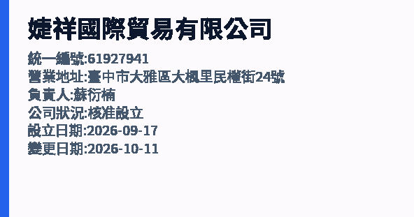 婕祥國際貿易有限公司的照片-統編 61927941(臺中市) 公司登記資料與營業項目詳細圖表