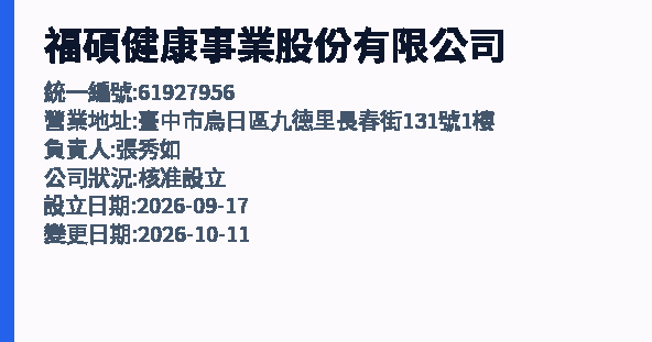 福碩健康事業股份有限公司的照片-統編 61927956(臺中市) 公司登記資料與營業項目詳細圖表