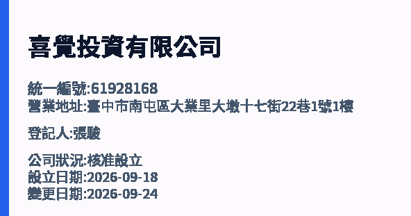 喜覺投資有限公司的照片-統編 61928168(臺中市) 公司登記資料與營業項目詳細圖表
