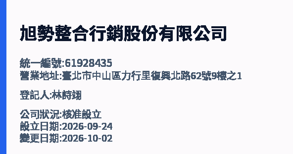 旭勢整合行銷股份有限公司的照片-統編 61928435(臺北市) 公司登記資料與營業項目詳細圖表