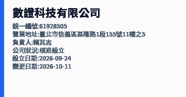 數證科技有限公司的照片-統編 61928505(臺北市) 公司登記資料與營業項目詳細圖表