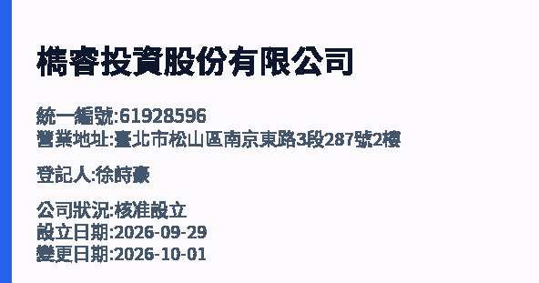檇睿投資股份有限公司的照片-統編 61928596(臺北市) 公司登記資料與營業項目詳細圖表