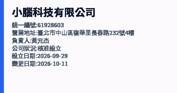 小腦科技有限公司的照片-統編 61928603(臺北市) 公司登記資料與營業項目詳細圖表