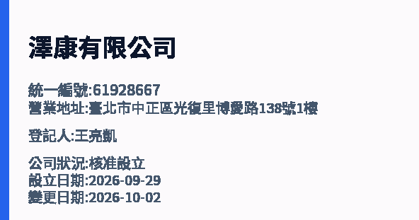 澤康有限公司的照片-統編 61928667(臺北市) 公司登記資料與營業項目詳細圖表