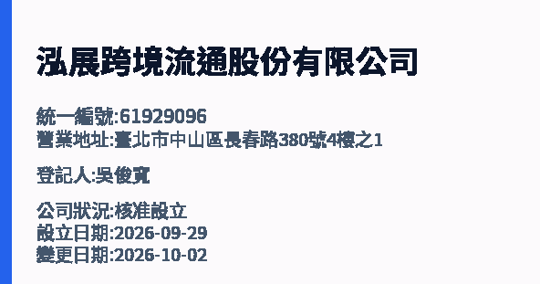 泓展跨境流通股份有限公司的照片-統編 61929096(臺北市) 公司登記資料與營業項目詳細圖表