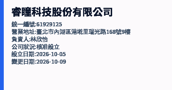 睿瞳科技股份有限公司的照片-統編 61929125(臺北市) 公司登記資料與營業項目詳細圖表