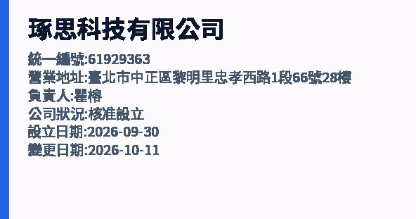 琢思科技有限公司的照片-統編 61929363(臺北市) 公司登記資料與營業項目詳細圖表