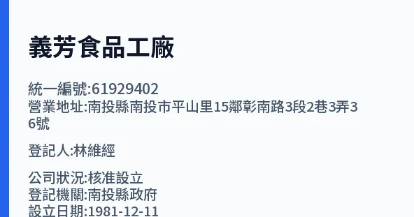 義芳食品工廠的照片-統編 61929402(南投縣) 公司登記資料與營業項目詳細圖表