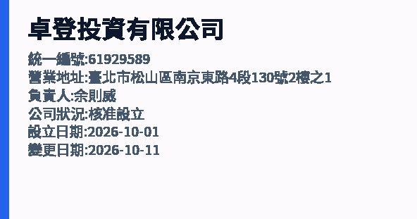 卓登投資有限公司的照片-統編 61929589(臺北市) 公司登記資料與營業項目詳細圖表
