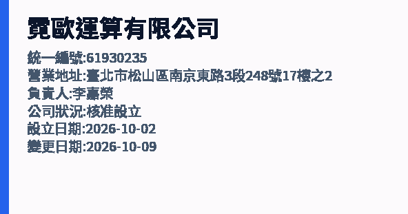 霓歐運算有限公司的照片-統編 61930235(臺北市) 公司登記資料與營業項目詳細圖表