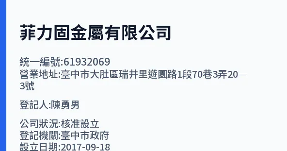 菲力固金屬有限公司的照片-統編 61932069(臺中市) 公司登記資料與營業項目詳細圖表