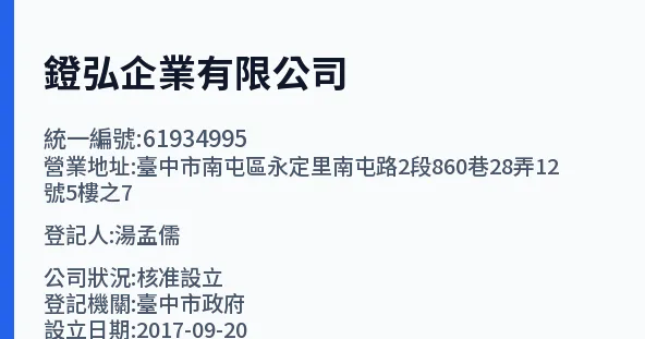 鐙弘企業有限公司的照片-統編 61934995(臺中市) 公司登記資料與營業項目詳細圖表