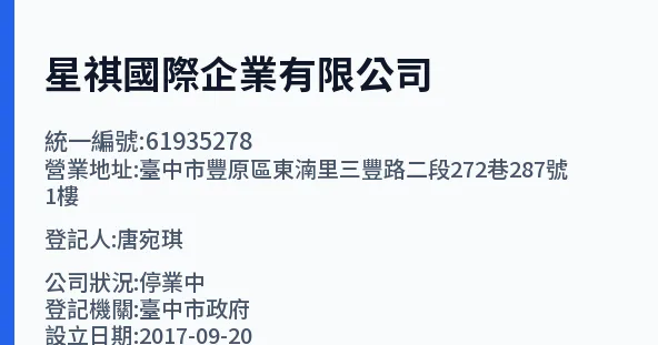 星祺國際企業有限公司的照片-統編 61935278(臺中市) 公司登記資料與營業項目詳細圖表