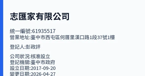 志匯家有限公司的照片-統編 61935517(臺中市) 公司登記資料與營業項目詳細圖表