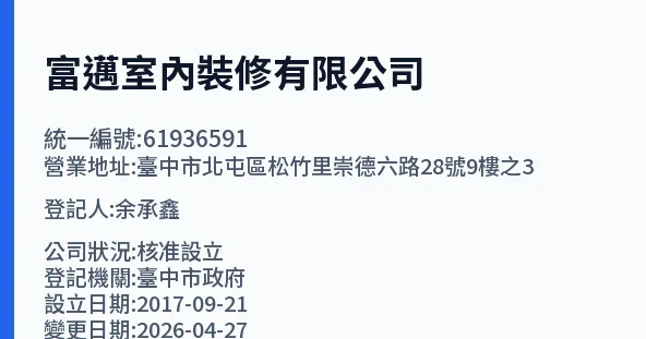 富邁室內裝修有限公司的照片-統編 61936591(臺中市) 公司登記資料與營業項目詳細圖表