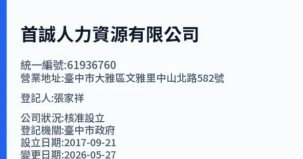 首誠人力資源有限公司的照片-統編 61936760(臺中市) 公司登記資料與營業項目詳細圖表