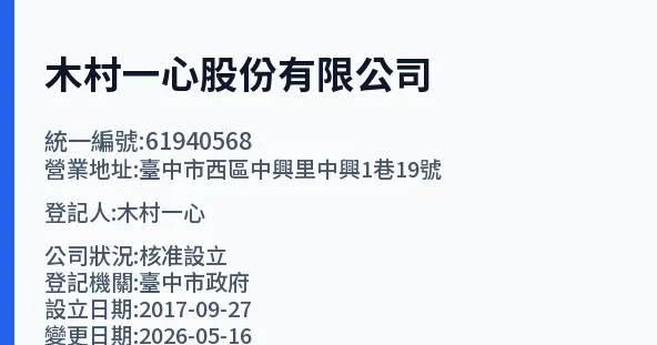 木村一心股份有限公司的照片-統編 61940568(臺中市) 公司登記資料與營業項目詳細圖表