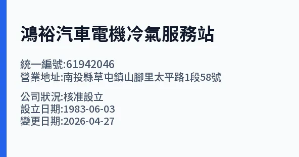 鴻裕汽車電機冷氣服務站的照片-統編 61942046(南投縣) 公司登記資料與營業項目詳細圖表