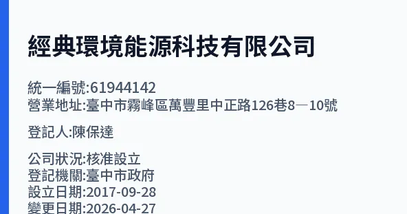 經典環境能源科技有限公司的照片-統編 61944142(臺中市) 公司登記資料與營業項目詳細圖表