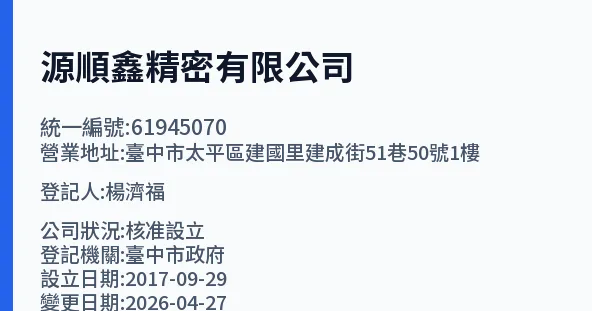 源順鑫精密有限公司的照片-統編 61945070(臺中市) 公司登記資料與營業項目詳細圖表