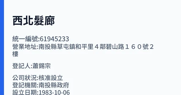 西北髮廊的照片-統編 61945233(南投縣) 公司登記資料與營業項目詳細圖表