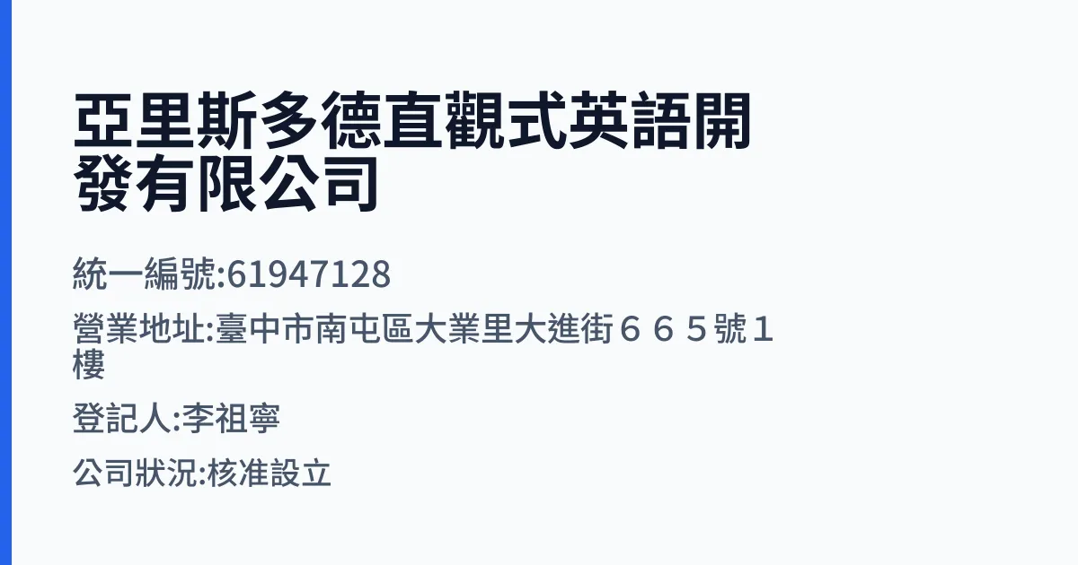亞里斯多德直觀式英語開發有限公司 - 統編 61947128(臺中市) 公司登記資料與營業項目詳細圖表
