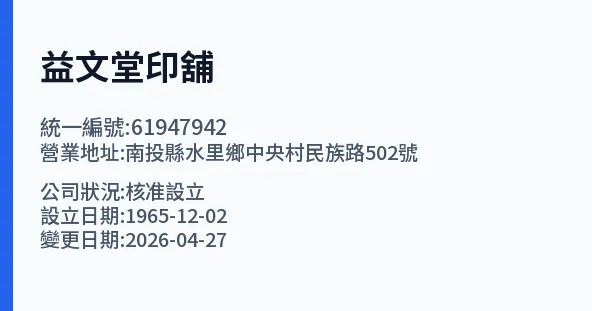 益文堂印舖的照片-統編 61947942(南投縣) 公司登記資料與營業項目詳細圖表